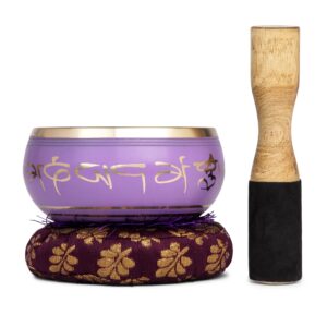 purple singing bowl set with wooden mallet and cushion, brass – unique, tibetan bowls for meditation, grounding, experiencing spiritual oneness - lightweight bowl - decor for home, yoga studio