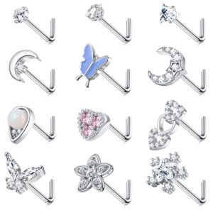 dolotta 12pcs 20g surgical steel nose rings studs for women men cz moon star butterfly nose rings l shaped opal snowflake flower nose studs silver