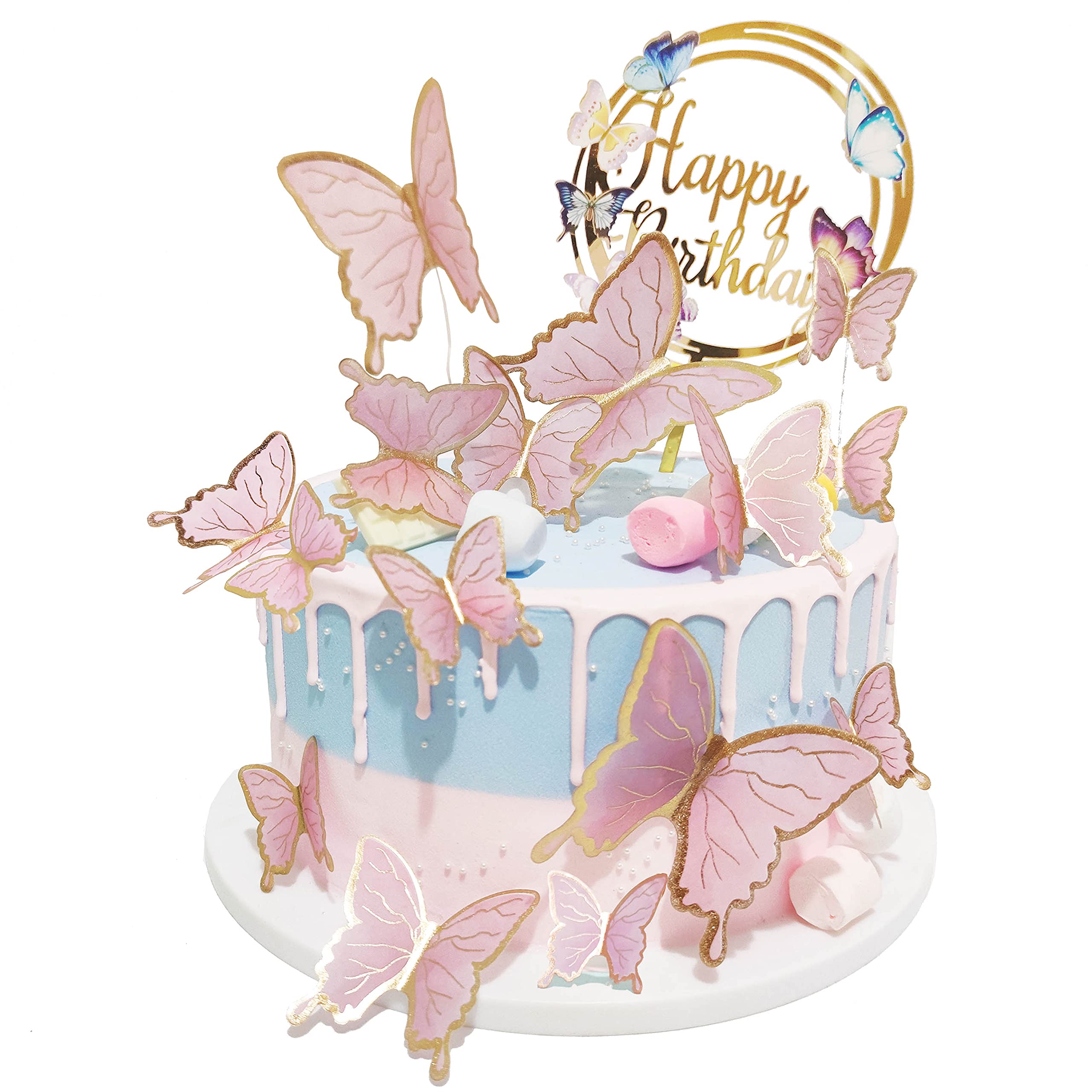 Butterfly Cake Toppers Decorations - 1 Big Happy Birthday Cake Topper & 15Pcs 3D Pink Gold Cupcake Toppers - Party Supplies for Decorating Baby Shower Girl's Birthday