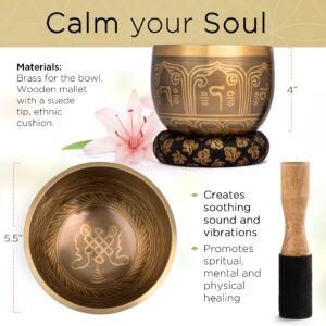 Telsha Meditative Deep Singing Bowl with Mallet and Cushion - Tibetan Sound Bowls for Energy Healing, Mindfulness, Grounding, Zen, Meditation - Exquisite, Unique Home Decor and Gift Sets, 1693