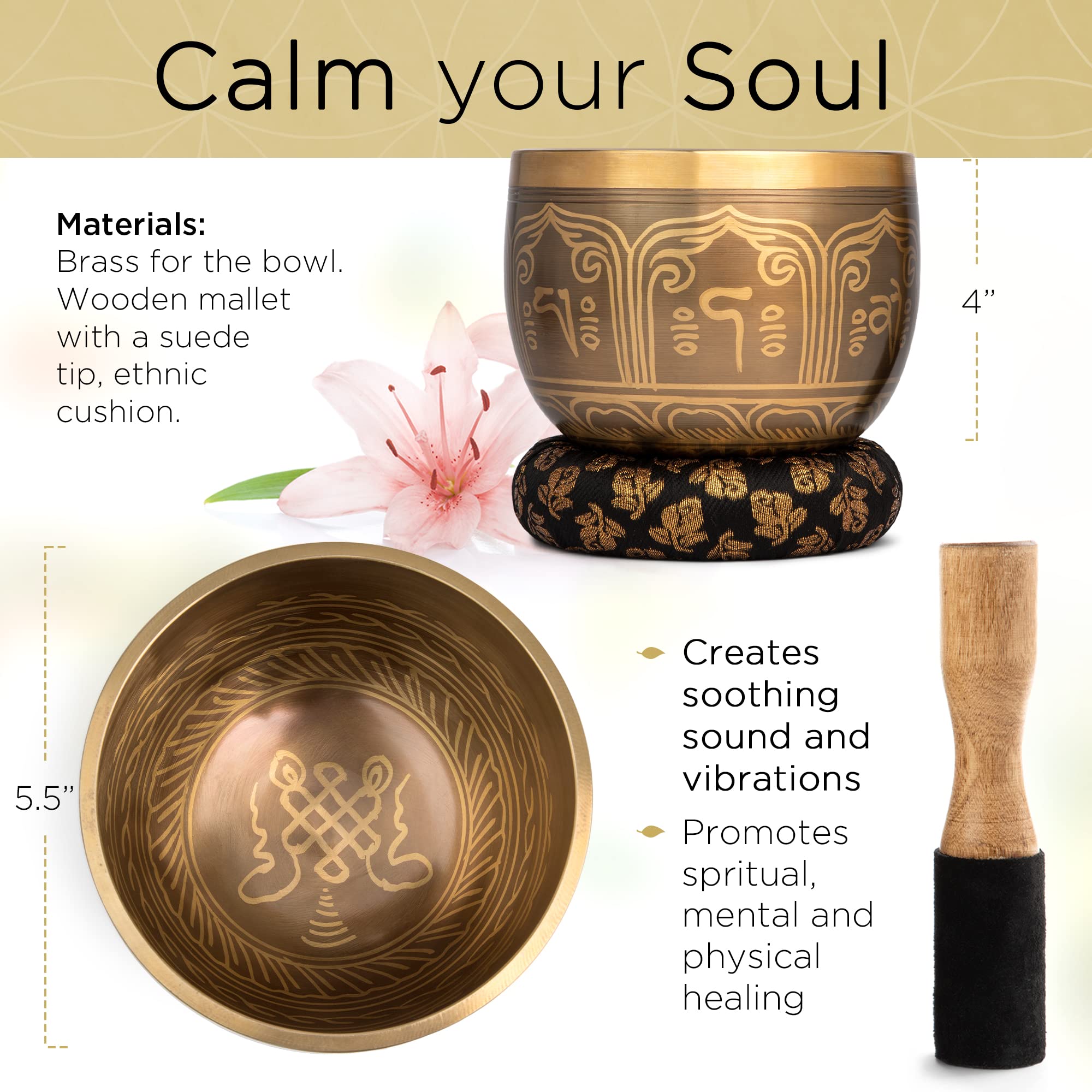 Telsha Meditative Deep Singing Bowl with Mallet and Cushion - Tibetan Sound Bowls for Energy Healing, Mindfulness, Grounding, Zen, Meditation - Exquisite, Unique Home Decor and Gift Sets, 1693