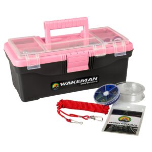 fishing single tray tackle box- 55 piece tackle gear kit includes sinkers, hooks lures bobbers swivels and fishing line by wakeman outdoors (pink)