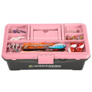 Fishing Single Tray Tackle Box- 55 Piece Tackle Gear Kit Includes Sinkers, Hooks Lures Bobbers Swivels and Fishing Line By Wakeman Outdoors (Pink)