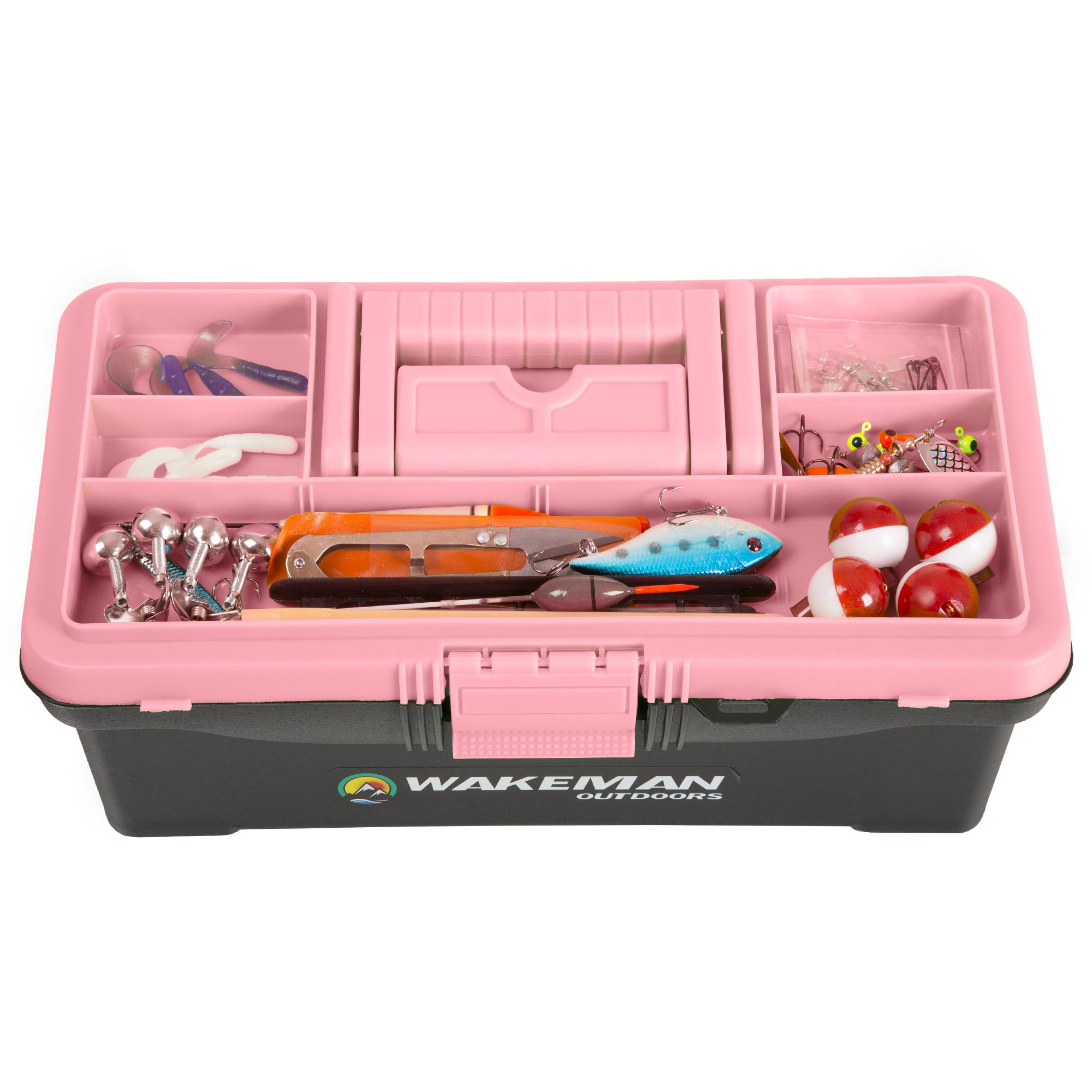 Fishing Single Tray Tackle Box- 55 Piece Tackle Gear Kit Includes Sinkers, Hooks Lures Bobbers Swivels and Fishing Line By Wakeman Outdoors (Pink)