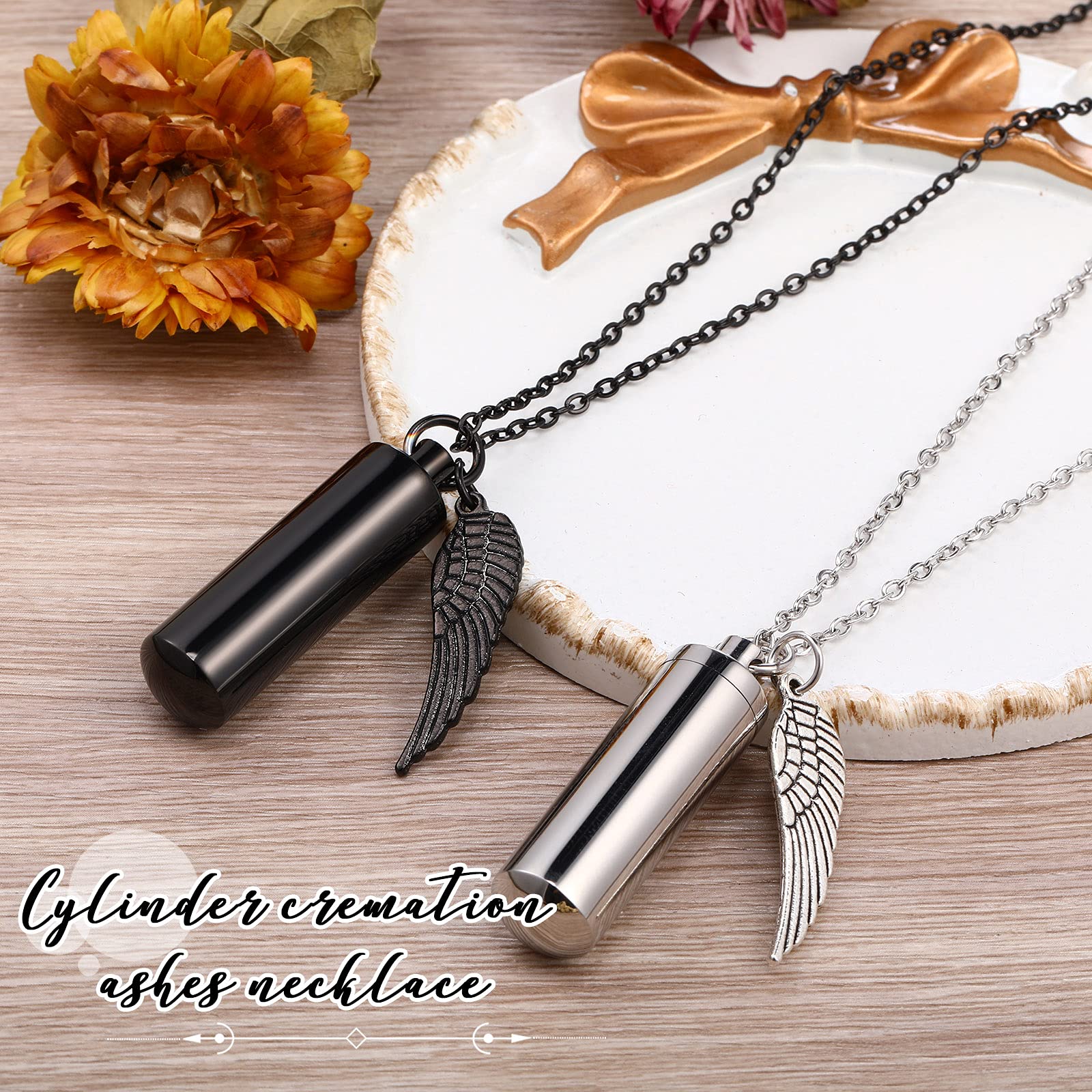 MTLEE Urn Necklace for Ashes Cremation Jewelry for Ashes, 6 Pieces Stainless Steel Cremation Jewelry for Women Men, Memorial Necklace Angel Keepsake Cylinder Pendant with Filling Kit (Black, Silver)