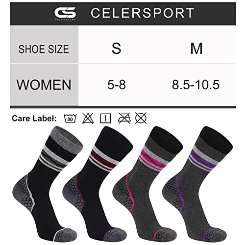 CS CELERSPORT 4 Pack Women's Merino Wool Crew Hiking Socks with Cushion Warm Thermal Winter Boot Athletic Socks, Black + Purple, Small