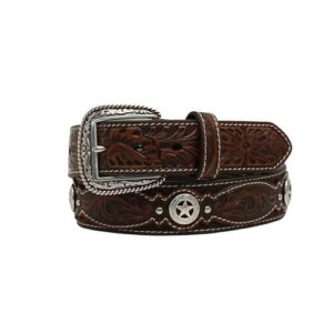 ariat men's floral embossed belt, brown genuine leather, silver buckle with rope edge, size 36