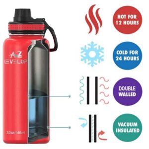 AZ LEVELUP 32oz Stainless Steel Water Bottle with Straw & Spout lids, Vacuum Insulated Sport Thermos,Hot 12hrs & Cold 24 hrs Double Walled Flasks with Paracord and Silicone boot, Hiking, Camping- Red