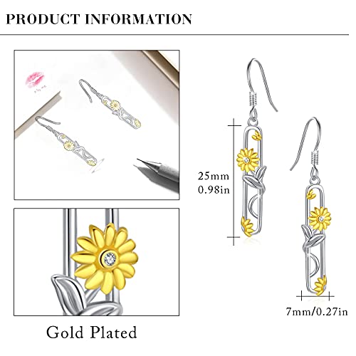 Sunflower Dangle Earrings, 925 Sterling Silver Rectangle Vine Sunflower Drop Earrings,You Are My Sunshine Leverback Earrings Dainty Sunflower Jewelry Gift for Women