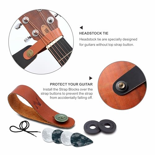 Nefelibata Guitar Strap, Embroidered Cotton Guitar Straps with Head Cowhide Leather Ends for Bass, Electric & Acoustic Guitars, with Free Strap Button, 1 Pair Strap Locks and 4 Guitar Picks (Saffron)