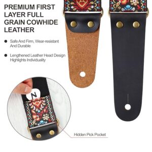 Nefelibata Guitar Strap, Embroidered Cotton Guitar Straps with Head Cowhide Leather Ends for Bass, Electric & Acoustic Guitars, with Free Strap Button, 1 Pair Strap Locks and 4 Guitar Picks (Saffron)