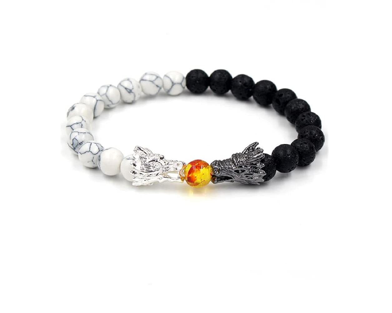 nobrand COLORFULBLING Bead Bracelets for Men and Women Natural Black Lava & White Howlite Buddha Dragon Beaded Stone Bracelet Good Luck Charm Jewelry Gift Adjustable