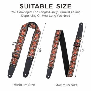 Nefelibata Guitar Strap, Embroidered Cotton Guitar Straps with Head Cowhide Leather Ends for Bass, Electric & Acoustic Guitars, with Free Strap Button, 1 Pair Strap Locks and 4 Guitar Picks (Saffron)