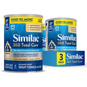 similac 360 total care infant formula, has 5 hmo prebiotics, our closest prebiotic blend to breast milk, non-gmo,‡ baby formula powder, 36-oz value can, pack of 3