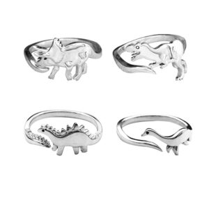 colorful bling 4pcs dinosaur rings cute tyrannosaurus triceratops adjustable rings jurassic era dinosaur ring knuckle band jewelry for women-set