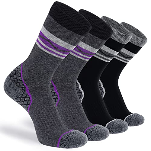 CS CELERSPORT 4 Pack Women's Merino Wool Crew Hiking Socks with Cushion Warm Thermal Winter Boot Athletic Socks, Black + Purple, Small