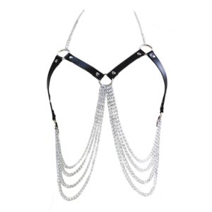 punk layered sexy chest chains silver leather body chains ring rave harness chain body chain jewelry for women