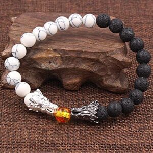 nobrand COLORFULBLING Bead Bracelets for Men and Women Natural Black Lava & White Howlite Buddha Dragon Beaded Stone Bracelet Good Luck Charm Jewelry Gift Adjustable