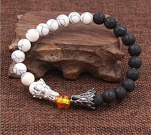 nobrand COLORFULBLING Bead Bracelets for Men and Women Natural Black Lava & White Howlite Buddha Dragon Beaded Stone Bracelet Good Luck Charm Jewelry Gift Adjustable