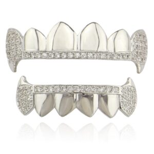 psivika gold plated shiny hip hop teeth grillz caps iced out cz top and bottom vampire fangs grillz with diamonds for your teeth for men and women (silver)