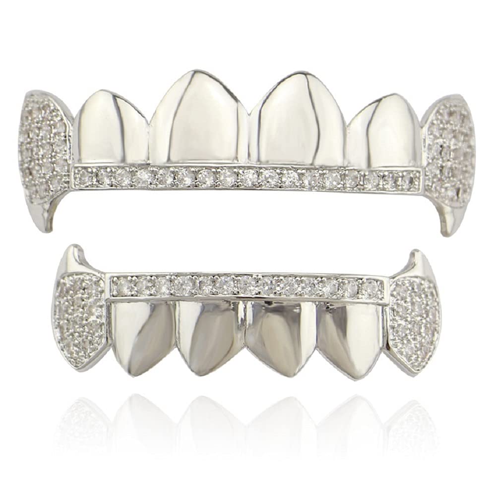 Psivika Gold Plated Shiny Hip Hop Teeth Grillz Caps Iced Out CZ Top and Bottom Vampire Fangs Grillz with Diamonds for Your Teeth for Men and Women (Silver)