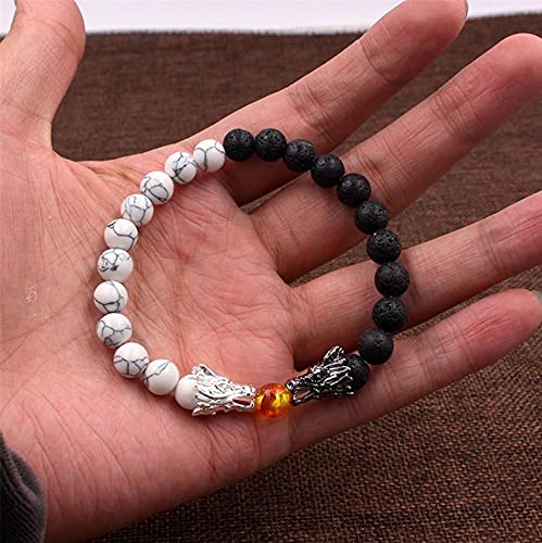 nobrand COLORFULBLING Bead Bracelets for Men and Women Natural Black Lava & White Howlite Buddha Dragon Beaded Stone Bracelet Good Luck Charm Jewelry Gift Adjustable