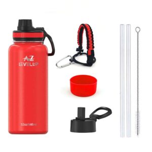 az levelup 32oz stainless steel water bottle with straw & spout lids, vacuum insulated sport thermos,hot 12hrs & cold 24 hrs double walled flasks with paracord and silicone boot, hiking, camping- red