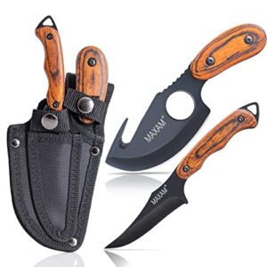 maxam fixed blade hunting knife set – full tang - 6 inch skinning knife & 7 inch caping knife -includes sheath - 2-pieces