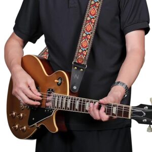 Nefelibata Guitar Strap, Embroidered Cotton Guitar Straps with Head Cowhide Leather Ends for Bass, Electric & Acoustic Guitars, with Free Strap Button, 1 Pair Strap Locks and 4 Guitar Picks (Saffron)