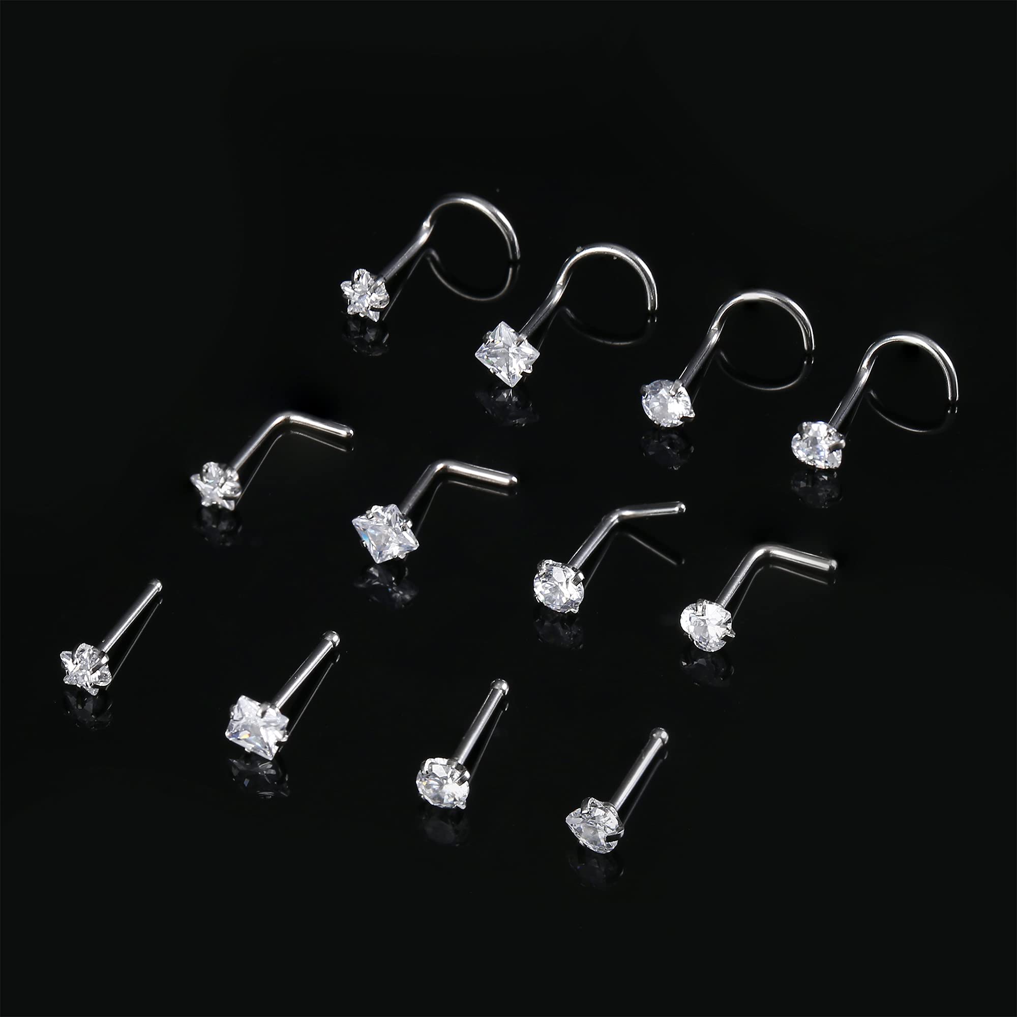 VALDEAS 21Pcs 20G Nose Rings Hoops 316L Stainless Steel Nose Rings for Women Assorted Shapes Cubic Zirconia Nose Studs Set A