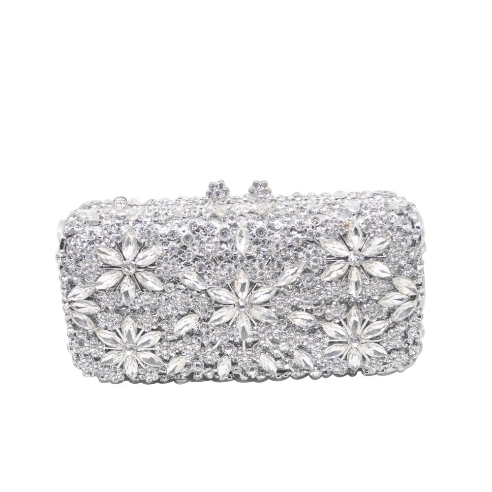 Boutique De FGG Flower Silver Crystal Clutch Purses and Handbags Women Evening Bags Wedding Bridal Rhinestone Clutch Bag