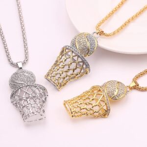 COLORFUL BLING 14k Gold Hiphop Rhinestone Basketball Necklace Punk Basketball Chain Box Pendant Necklace Sports Rock Necklace for Men Women - Silver