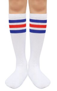 henwarry kids toddler soccer socks classical stripes cotton soft over the calf tube socks for boys girls (a03-blue/red/white)