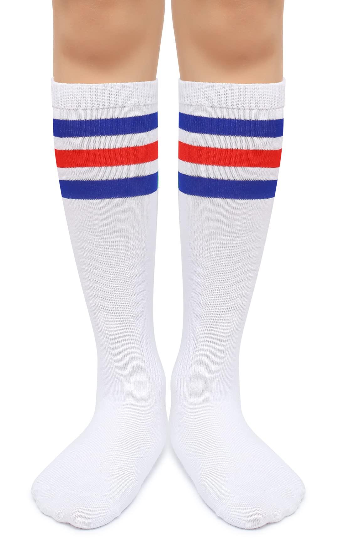 Henwarry Kids Toddler Soccer Socks Classical Stripes Cotton Soft Over the Calf Tube Socks for Boys Girls (A03-Blue/Red/White)