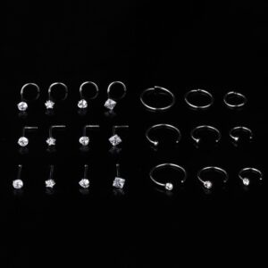 VALDEAS 21Pcs 20G Nose Rings Hoops 316L Stainless Steel Nose Rings for Women Assorted Shapes Cubic Zirconia Nose Studs Set A