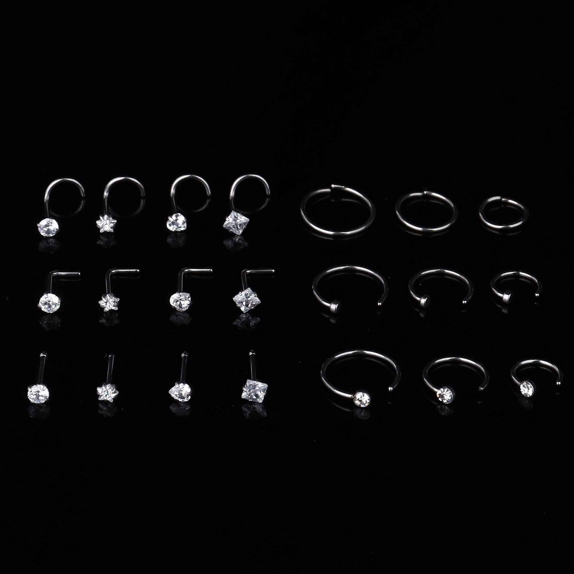 VALDEAS 21Pcs 20G Nose Rings Hoops 316L Stainless Steel Nose Rings for Women Assorted Shapes Cubic Zirconia Nose Studs Set A