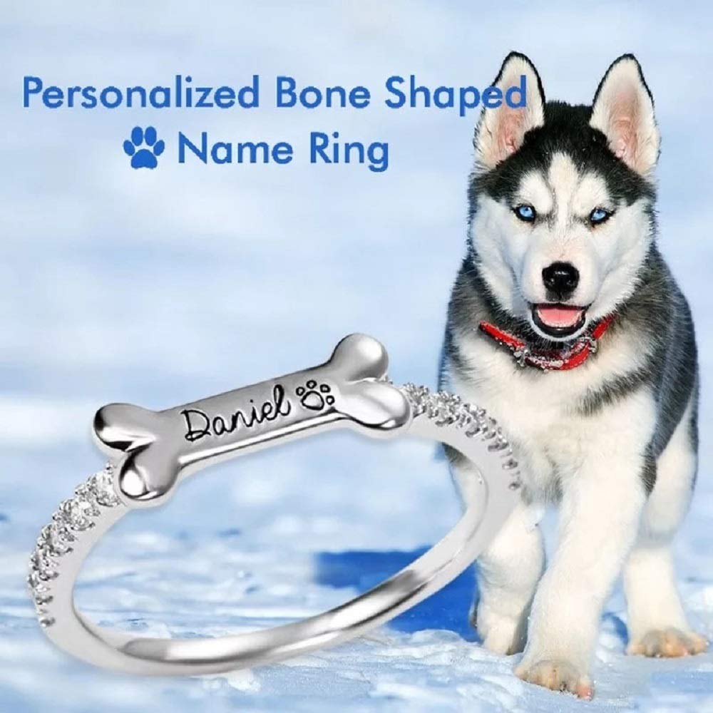 handmadejewelry Personalized Bone Shape Name Ring Pet Dainty Ring with Cubic Zirconia Engraved Puppy Dog Cat Pet Lover Custom Gifts for Men Women Girls (dog bone)