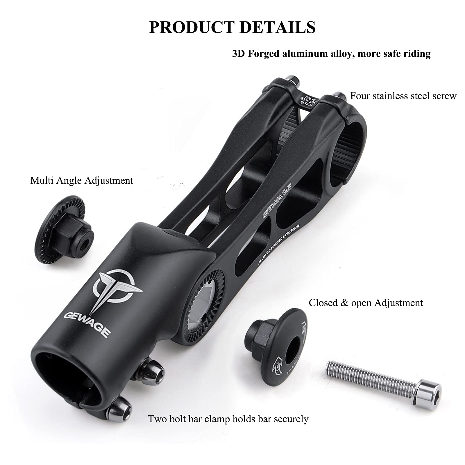 Bike Stem - 130 Degree Adjustable Bicycle Stem- 75mm 90mm 130mm Handlebar Stem Riser for 31.8(1-1/4") Handlebars, Suitable for Most of Mountain Bike, Road Bike, BMX