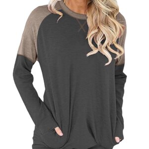 Angerella Tops for Women Cute Color Block Long Sleeve Shirts Basic Lightweight Round Neck Sweatshirt Gray M