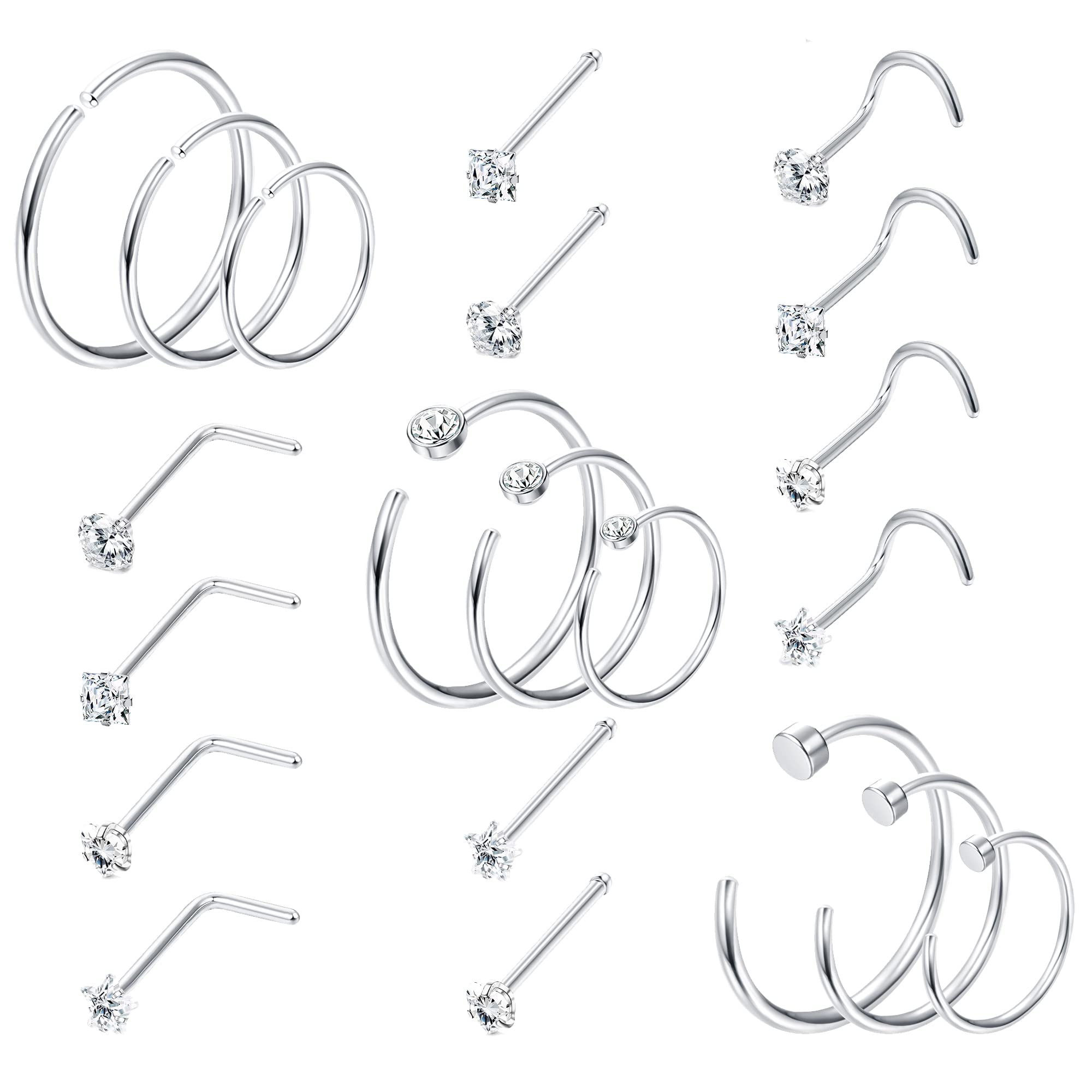 VALDEAS 21Pcs 20G Nose Rings Hoops 316L Stainless Steel Nose Rings for Women Assorted Shapes Cubic Zirconia Nose Studs Set A