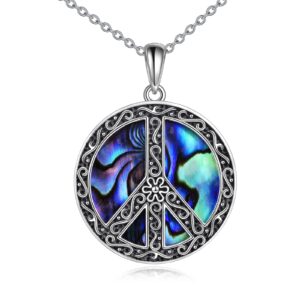 poplyke peace sign hippie pendant necklace sterling silver abalone filigree flower jewelry for women