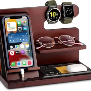 OUTXE Wood Phone Docking Station, Men Gifts Nightstand Organizer for Phone, Keys, Wallet, Glasses, Gifts for Dad's Birthday, Father's Day, Anniversary