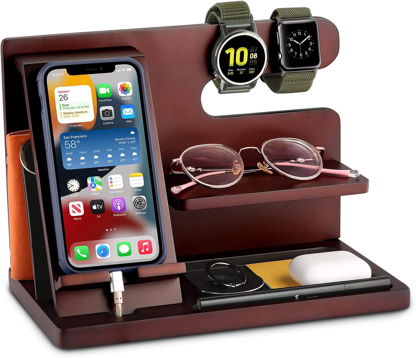 OUTXE Wood Phone Docking Station, Men Gifts Nightstand Organizer for Phone, Keys, Wallet, Glasses, Gifts for Dad's Birthday, Father's Day, Anniversary