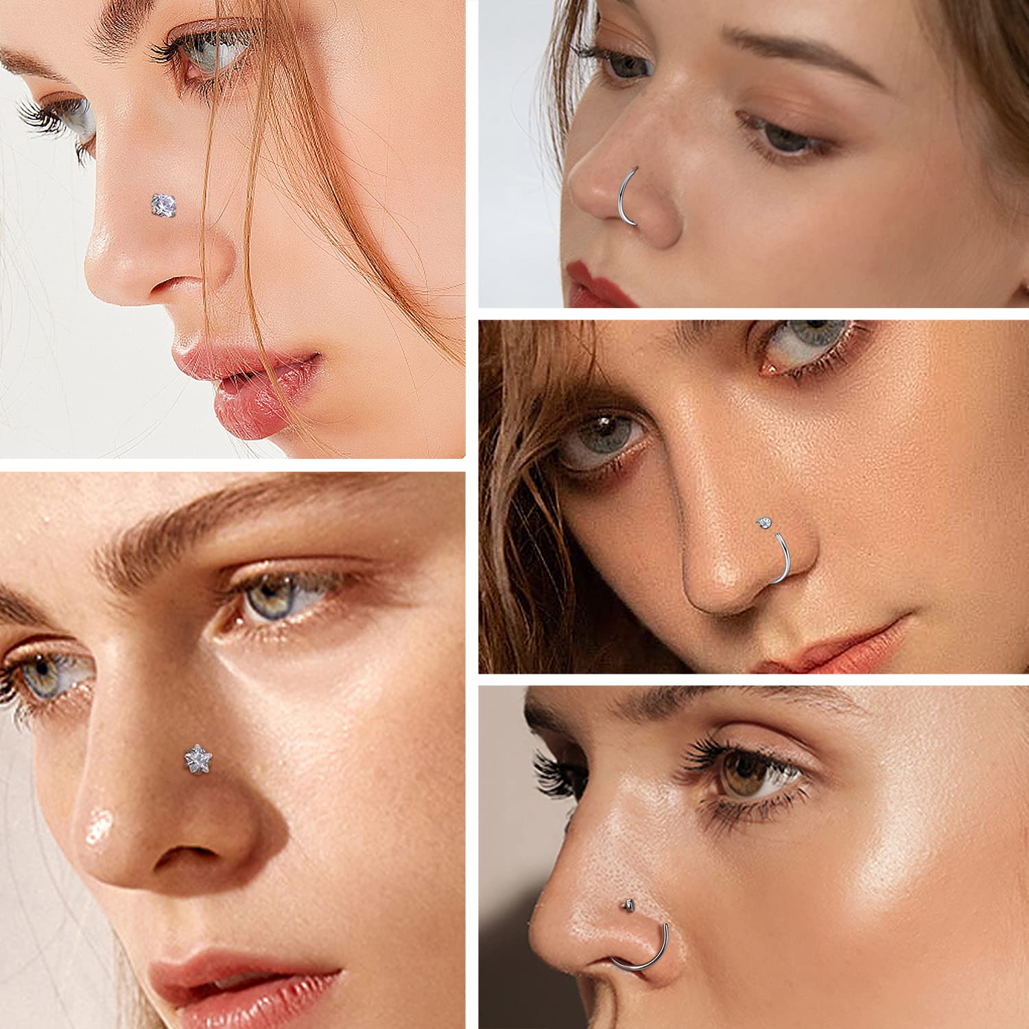 VALDEAS 21Pcs 20G Nose Rings Hoops 316L Stainless Steel Nose Rings for Women Assorted Shapes Cubic Zirconia Nose Studs Set A