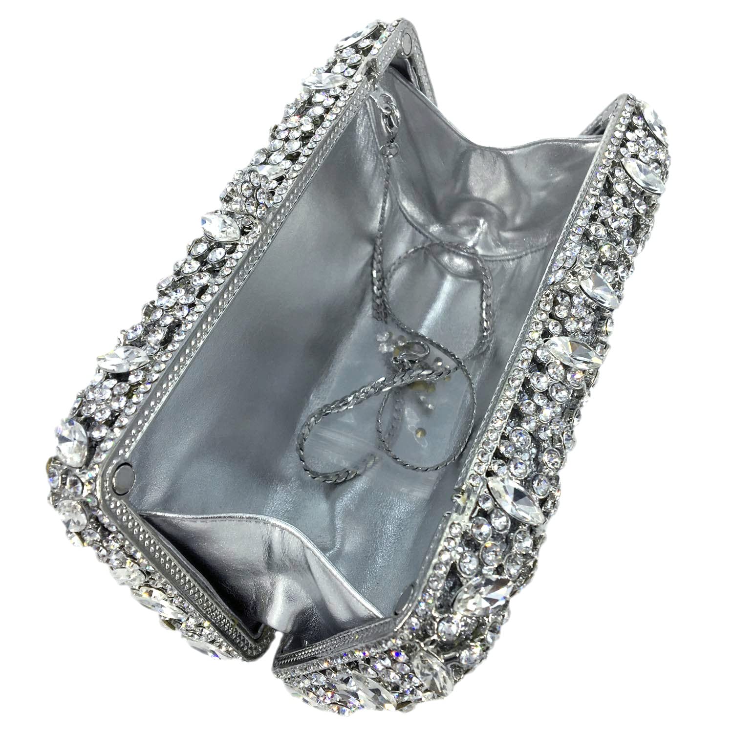 Boutique De FGG Flower Silver Crystal Clutch Purses and Handbags Women Evening Bags Wedding Bridal Rhinestone Clutch Bag