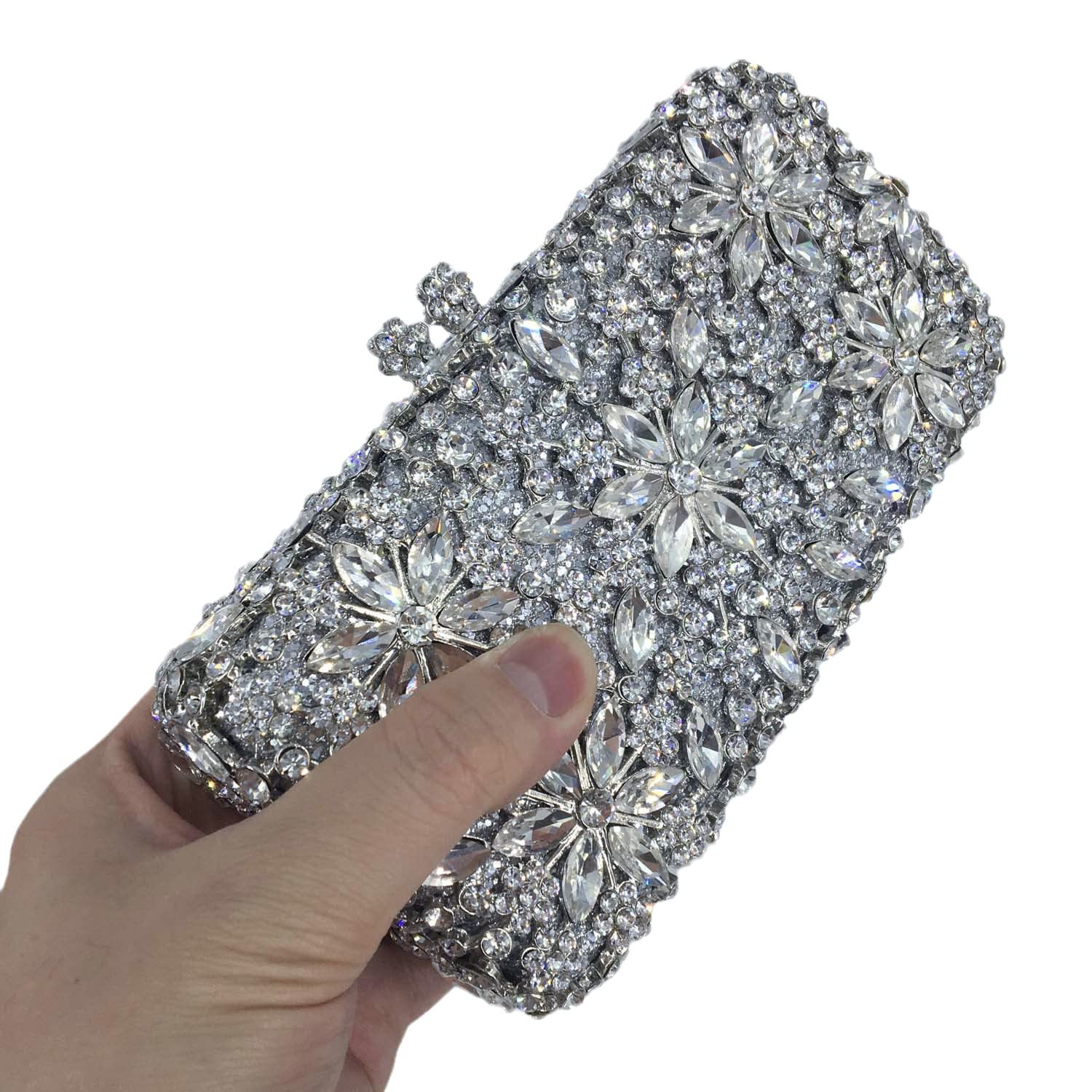 Boutique De FGG Flower Silver Crystal Clutch Purses and Handbags Women Evening Bags Wedding Bridal Rhinestone Clutch Bag