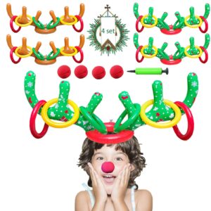 4 sets christmas in july inflatable reindeer antler ring toss game school family favors party gift supplies outdoor indoor toy (24 rings with 4 reindeer noses)