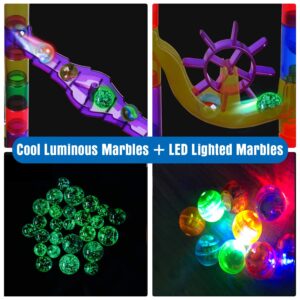 166Pcs Glowing Marble Run for Kids - Marble Maze & Building Block Brain Game STEM Toys Super Fun Gifts for Kids, Boys, Girls Age 4 to 12 (16 Glow in The Dark Marbles + 20 Glass Marbles)