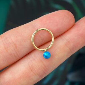 COCHARM 14k Solid Gold Hoop Belly Button Rings for Women 16g Tiny Blue Opal Dangling Belly Button Hoop 14K Real Gold Hoop Belly Piercing Hoop Navel Rings