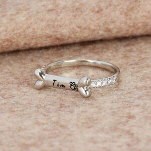 handmadejewelry Personalized Bone Shape Name Ring Pet Dainty Ring with Cubic Zirconia Engraved Puppy Dog Cat Pet Lover Custom Gifts for Men Women Girls (dog bone)